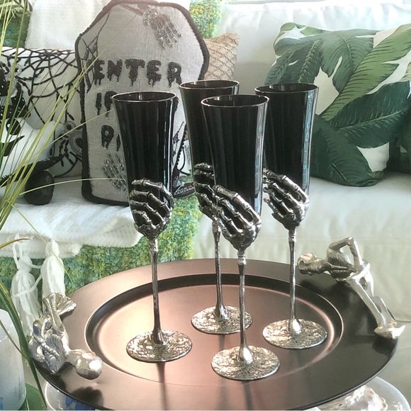 Accents | New Halloweengothic Silver Skeleton Hands Toasting Champagne ...